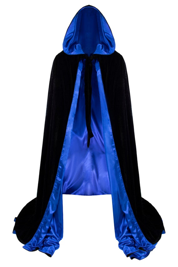 Black Cloak Lined With Royal BLUE Satin Hooded Cape Velvet - Etsy