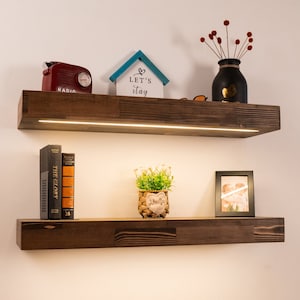 Floating Shelf With LED Strip, Thick Wall Shelf With Lights, Wooden ...