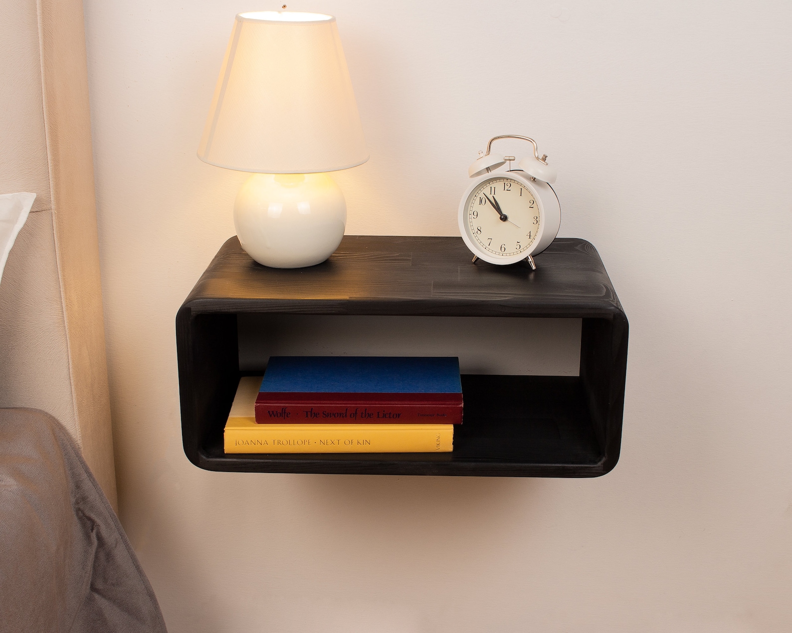 Black Floating Nightstand, Wood Bedside Table, Drawer Nightstand, Mid ...