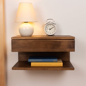 Walnut Colored Floating Nightstand | Wood Bedside Shelf | Floating Nightstand With Drawer for ...