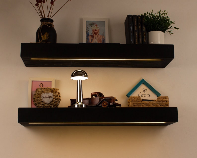 Modern Black Floating Shelf With LED Light Thick Wall Shelf - Etsy