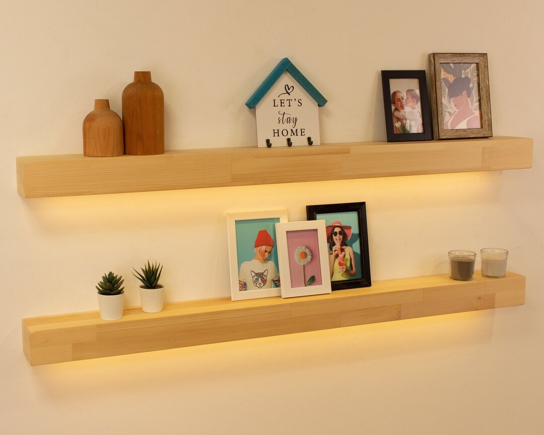 Natural Floating Shelf With LED Lights, Recessed LED Strip, Wood Shelf ...