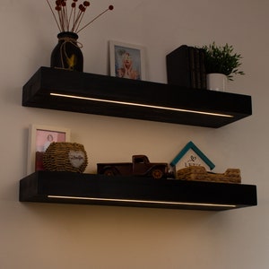 Modern Black Floating Shelf With LED Light, Thick Wall Shelf, Wooden ...