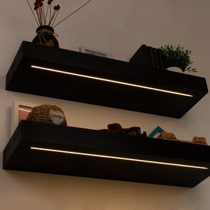Modern Black Floating Shelf With LED Light, Thick Wall Shelf, Wooden ...