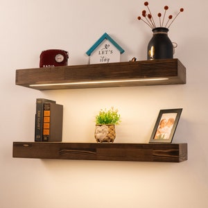 Floating Shelf With LED Strip, Thick Wall Shelf With Lights, Wooden ...