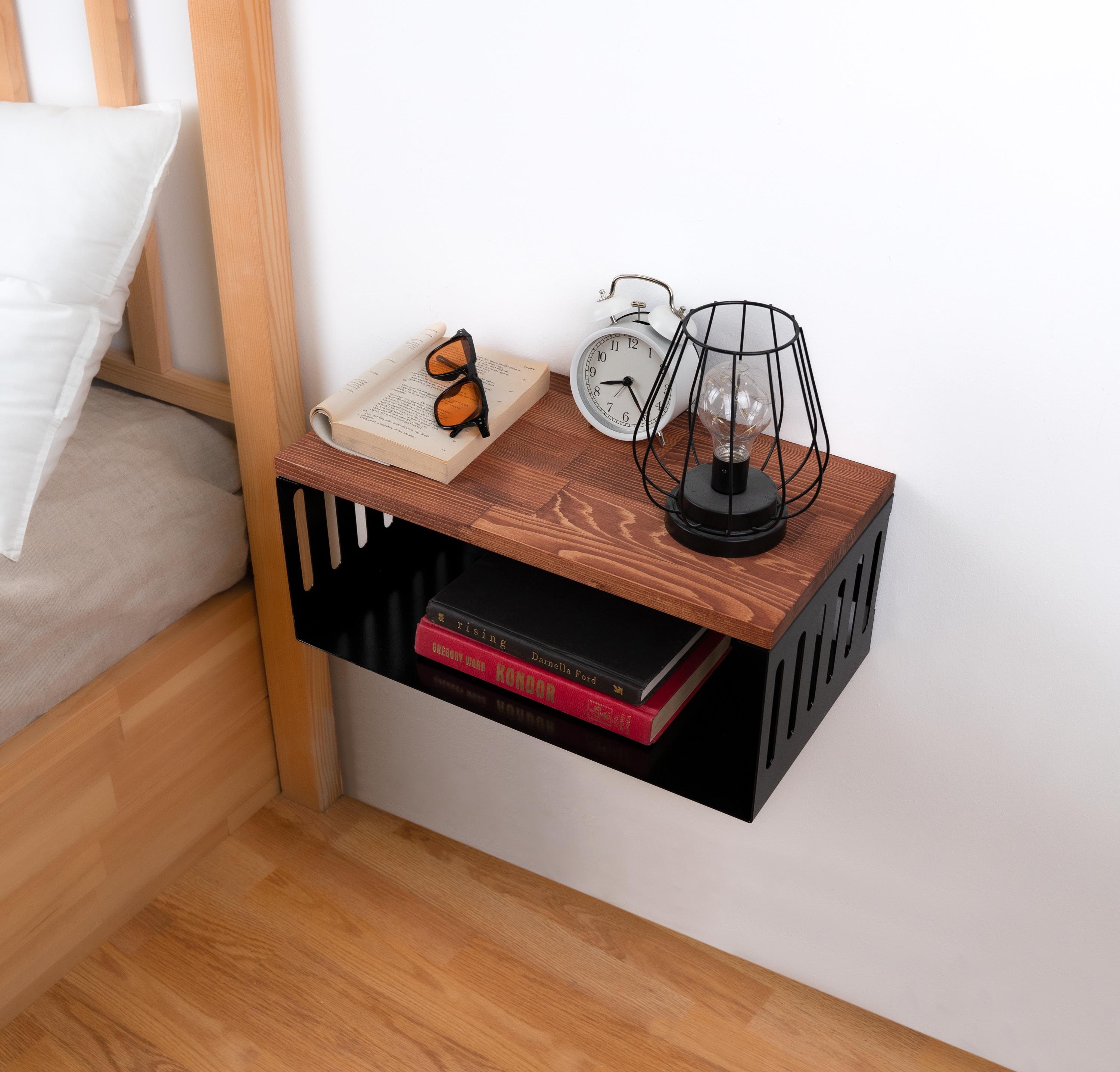 Mahogany Colored Floating Nightstand With Black Metal Base Wooden Top and Sturdy Metal Base Minimalist Bedside Table Bedside Shelf Etsy