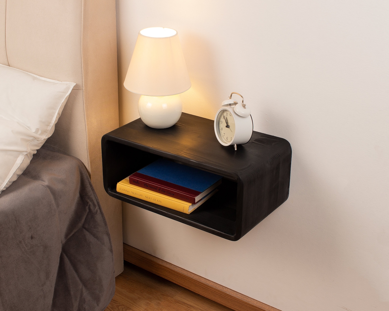 Black Floating Nightstand, Wood Bedside Table, Drawer Nightstand, Mid ...