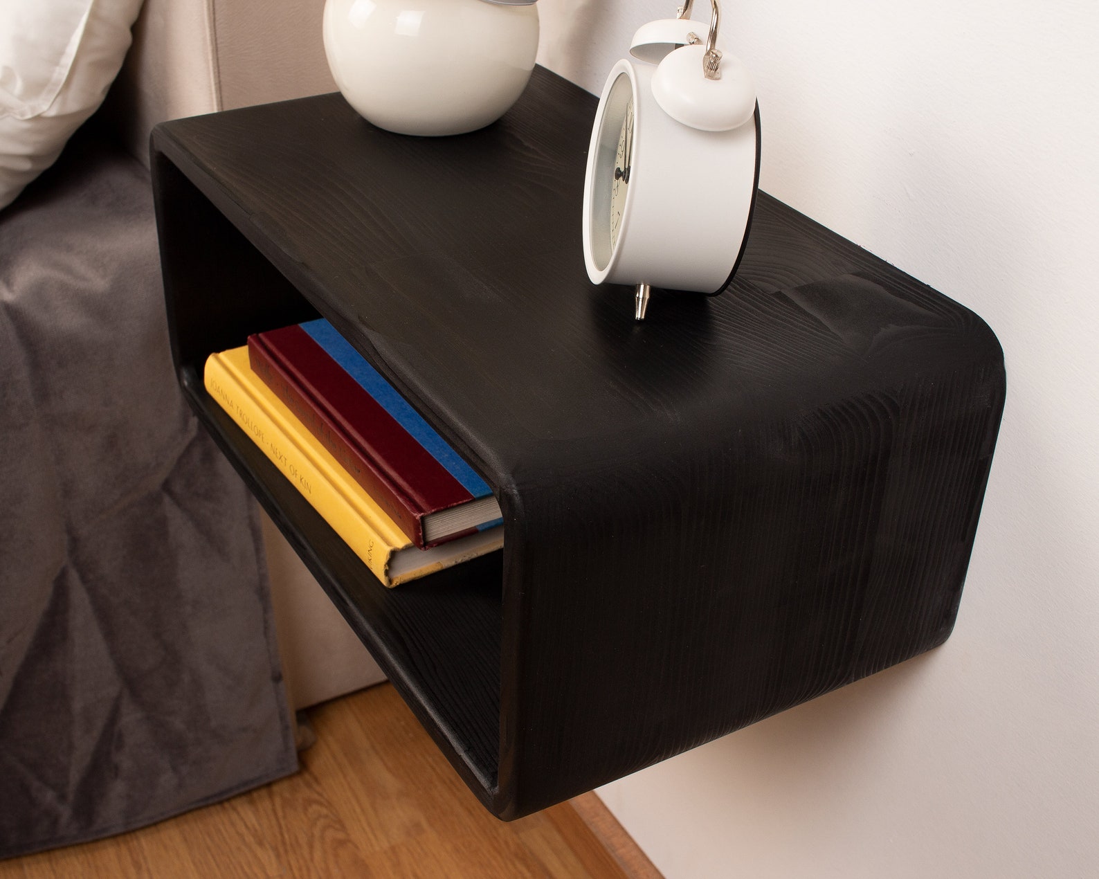 Black Floating Nightstand, Wood Bedside Table, Drawer Nightstand, Mid ...