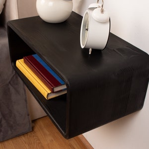 Black Floating Nightstand, Wood Bedside Table, Drawer Nightstand, Mid ...