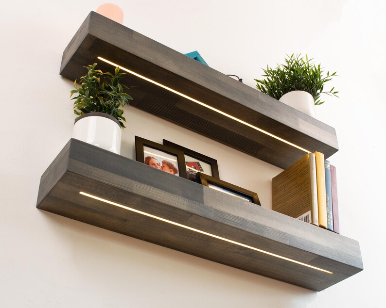 Floating Shelf With LED Lights, Modern Thick Shelf, Recessed Led Strip ...