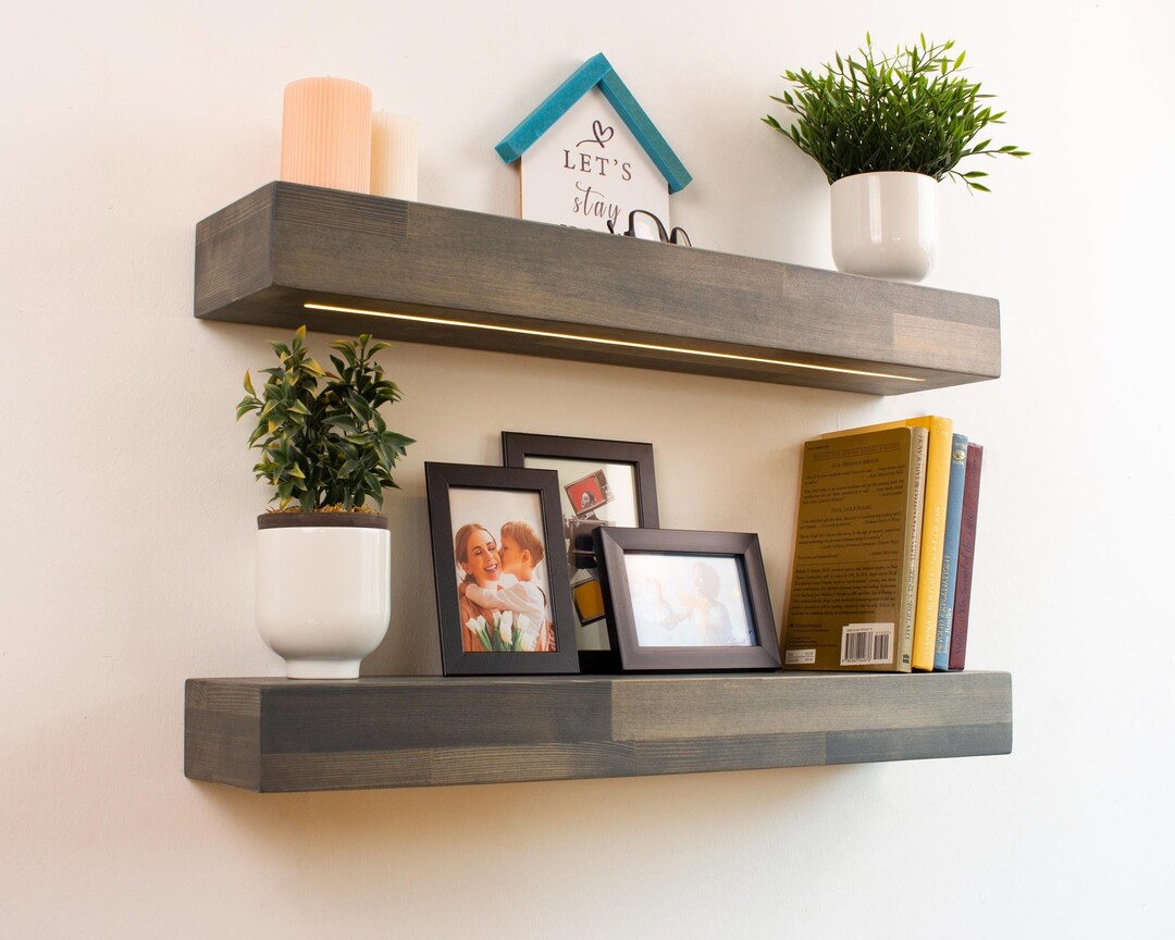 Floating Shelf With LED Lights, Modern Thick Shelf, Recessed Led Strip ...