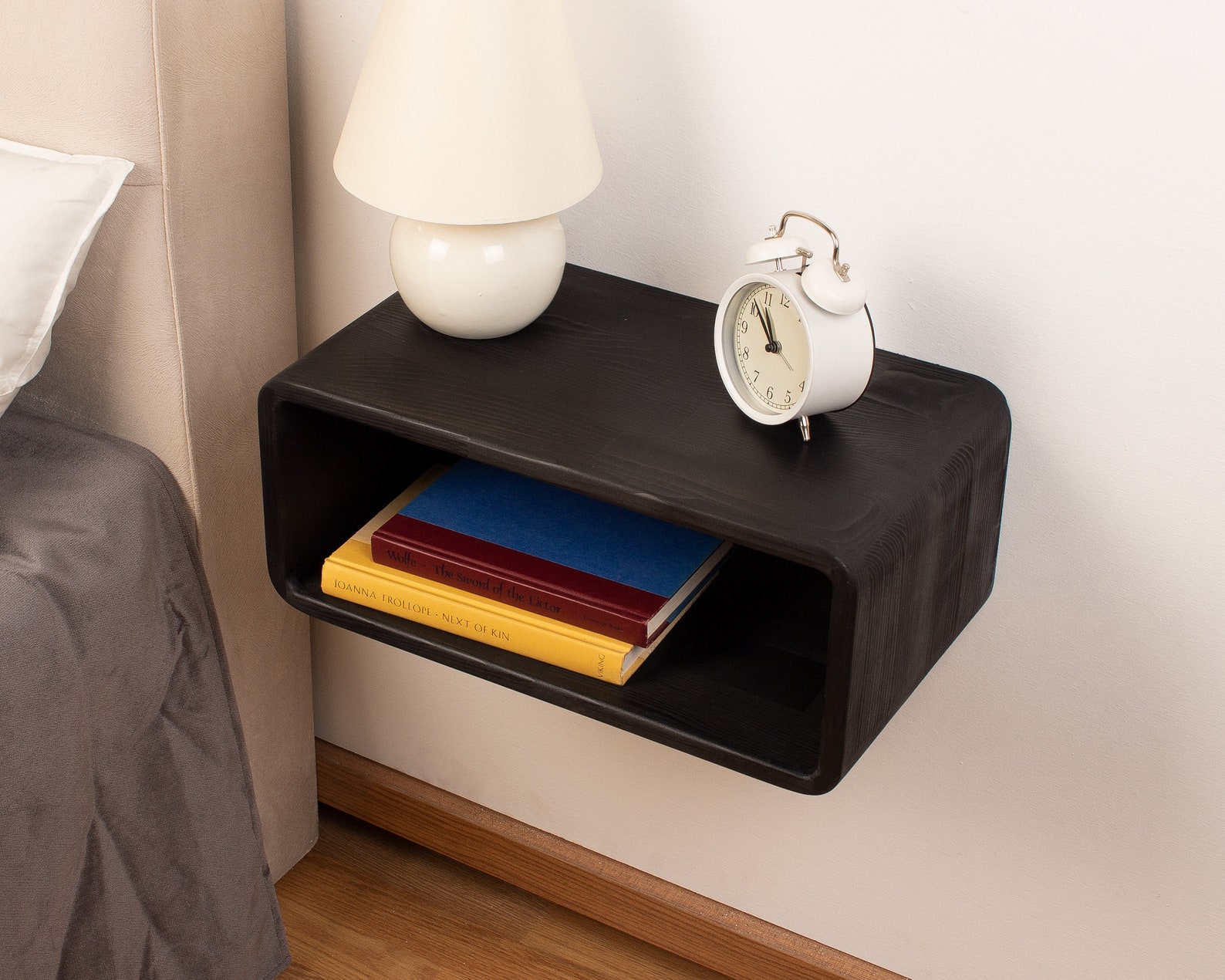 Black Floating Nightstand, Wood Bedside Table, Drawer Nightstand, Mid ...