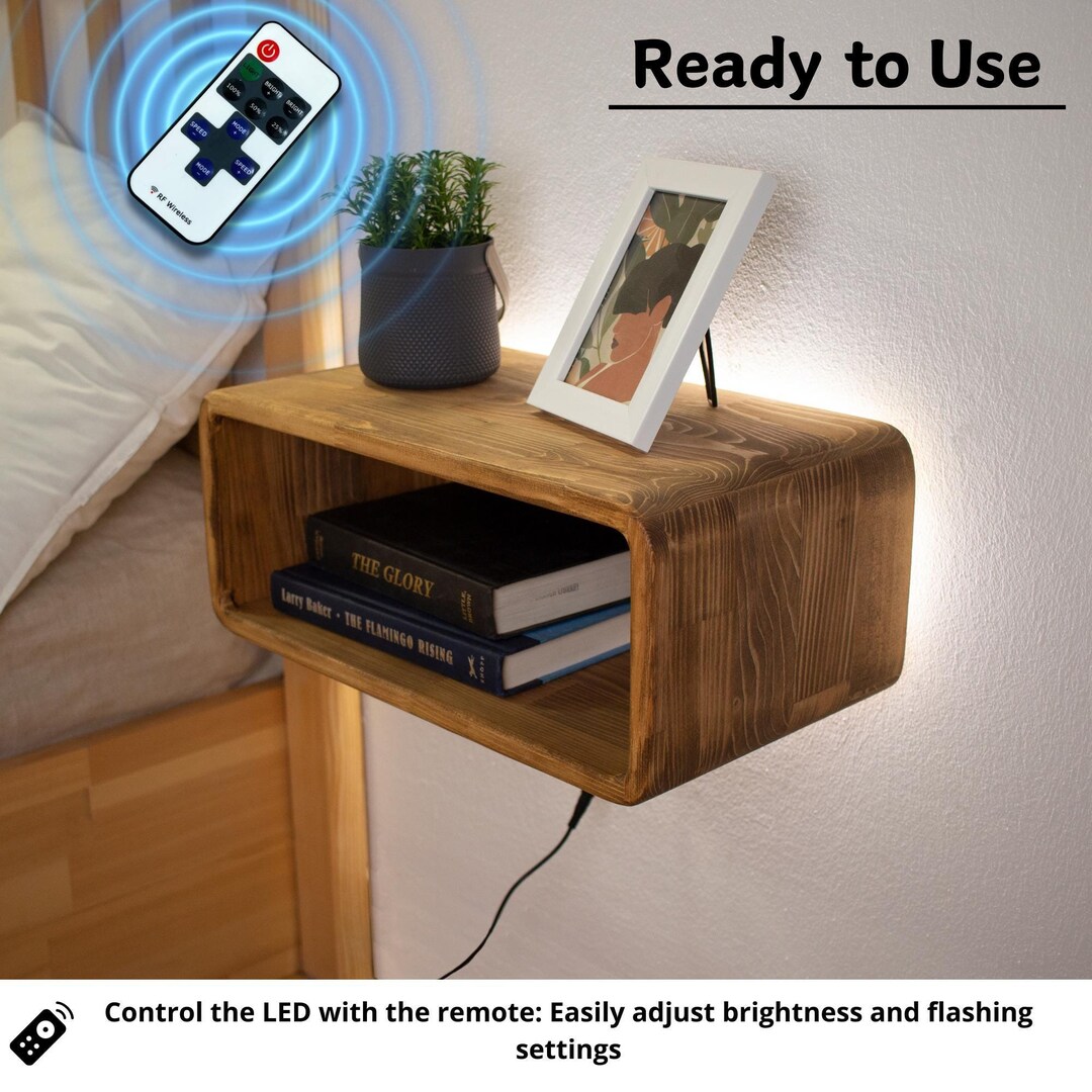 Oak Colored Floating Nightstand With Dimmable LED Backlight, Remote ...