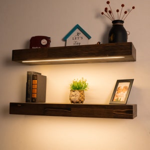 Floating Shelf With LED Strip, Thick Wall Shelf With Lights, Wooden ...