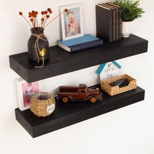 Modern Black Floating Shelf With LED Light, Thick Wall Shelf, Wooden ...