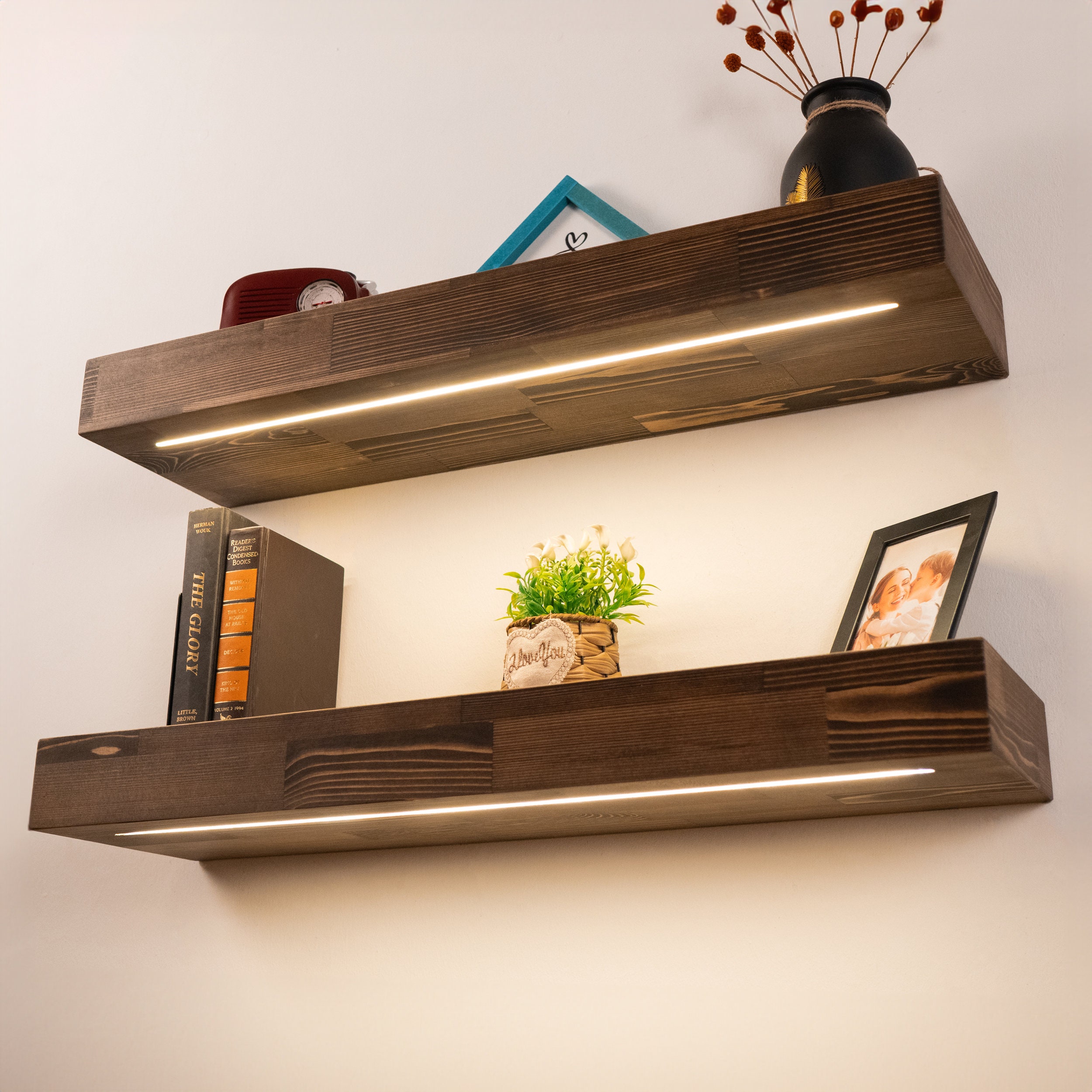 Floating Shelf With LED Strip, Thick Wall Shelf With Lights, Wooden ...