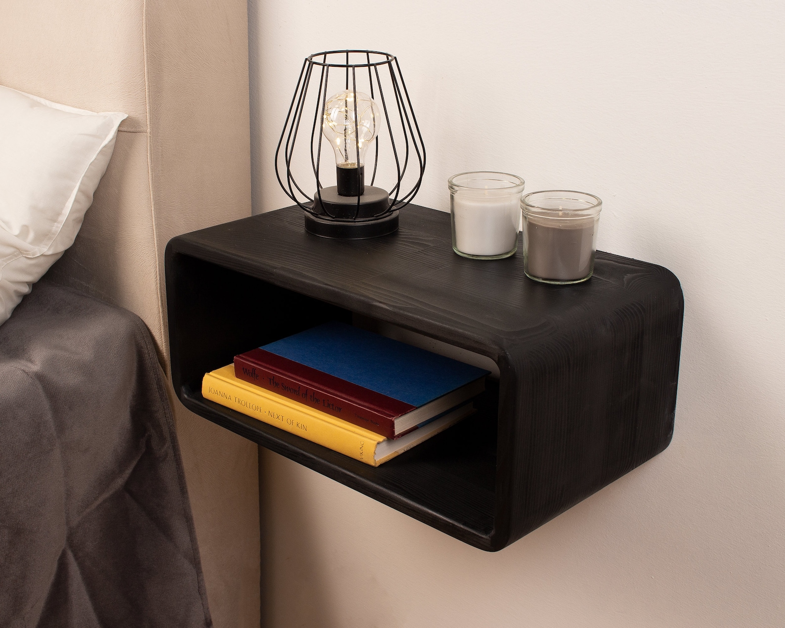 Black Floating Nightstand, Wood Bedside Table, Drawer Nightstand, Mid ...