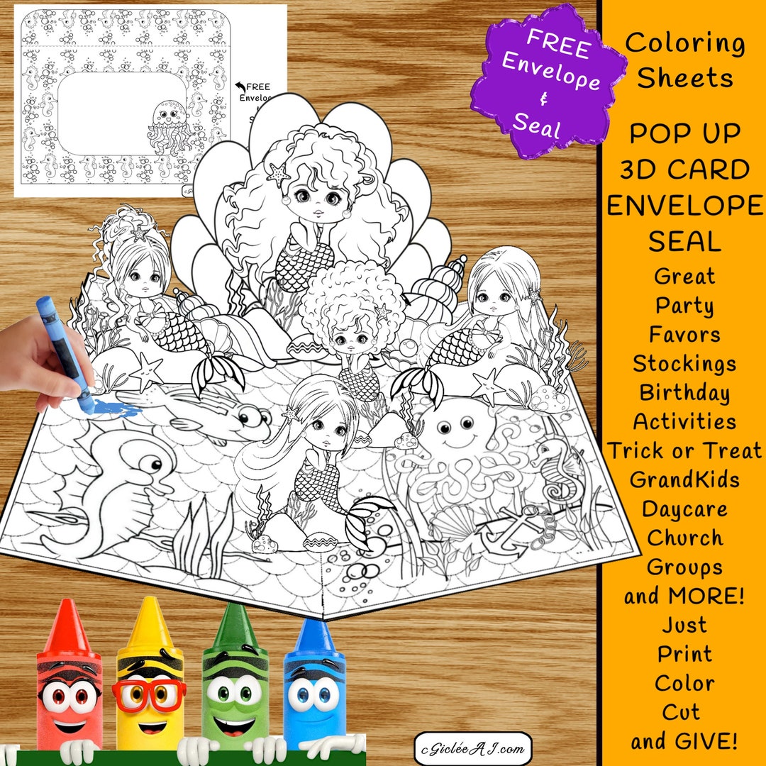 1 3D Pop-up MERMAIDS Printable DIY Children's Kid's Coloring Card ...