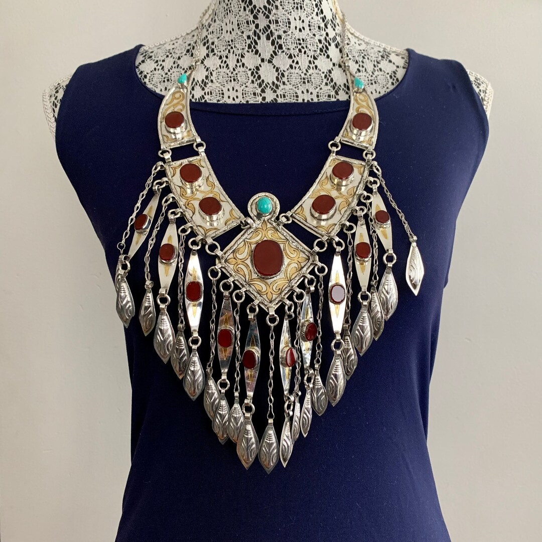 Massive Vintage Turkmen Necklace With Agate Stones, Turkomen Necklace ...