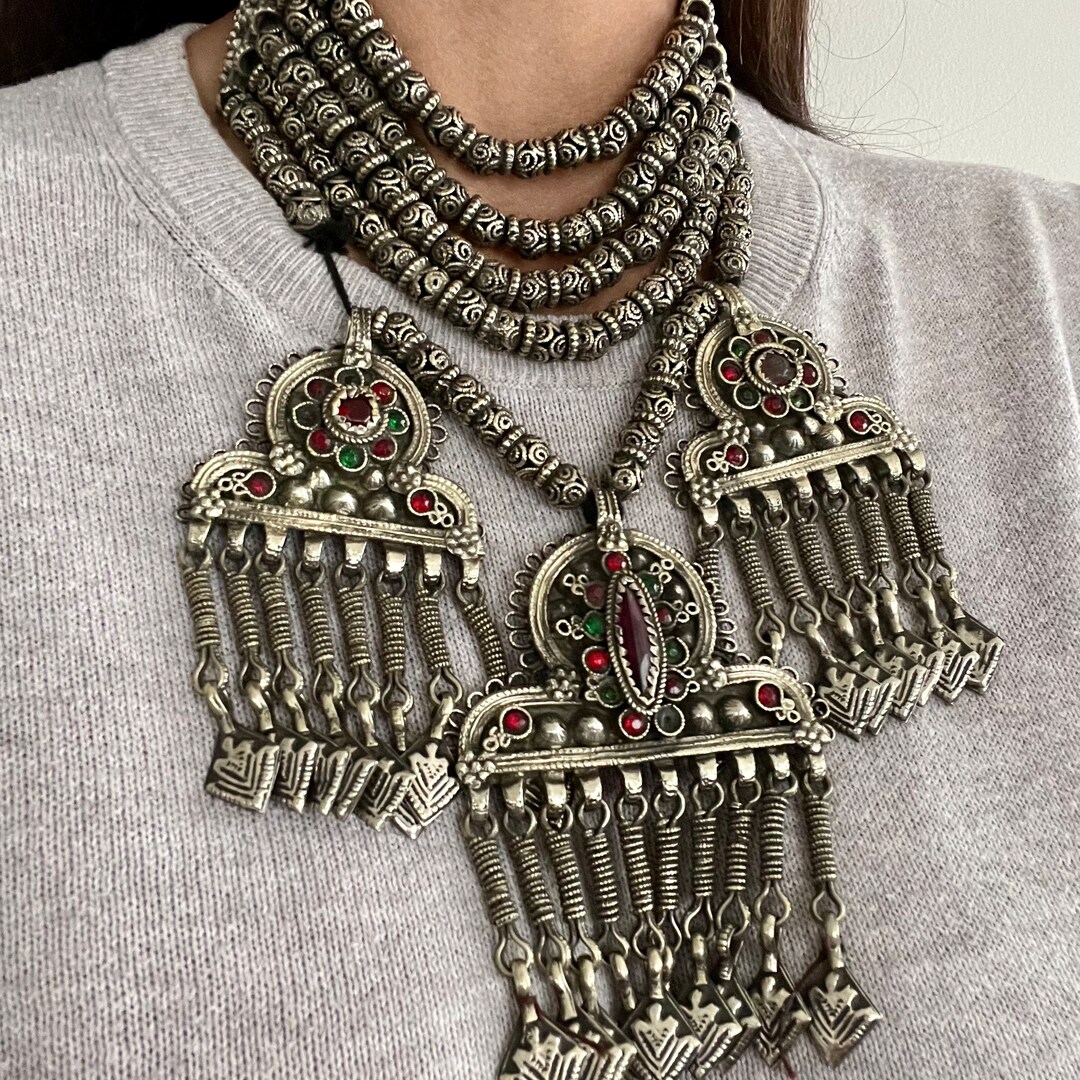 Tuareg Necklace Choker With Large Vintage Pendants and Kashmiri Beads ...