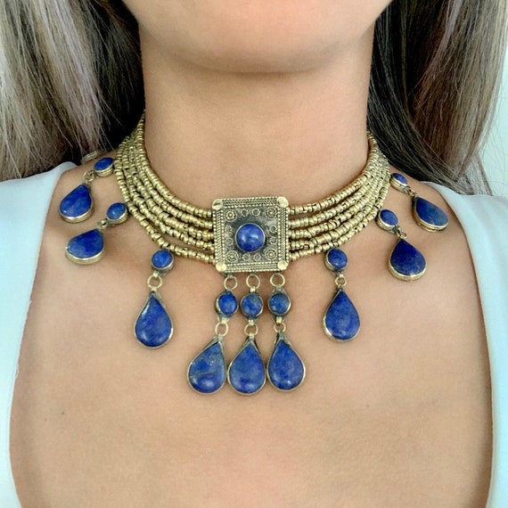 Lapis Lazuli Choker Necklace Vintage Lapis Choker Afghan Bib Necklace Afghan Jewelry Teardrop Choker Collier Ethnique Etsy