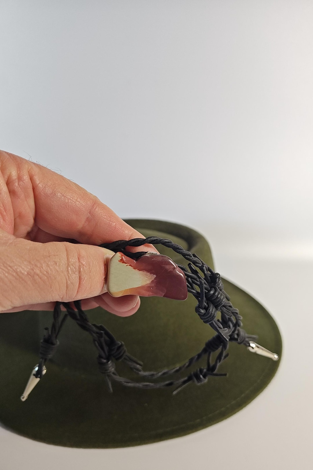Barbed Wire Leather Hat Band With Mookaite Jasper Stone - Women's or ...