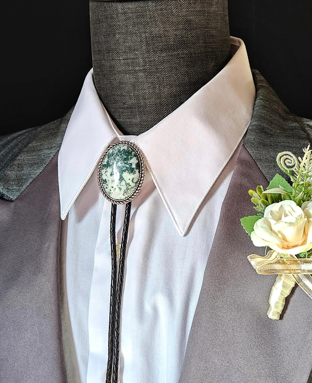 Custom Bolo Tie With White and Green Tree Agate- Custom Wedding Tie ...