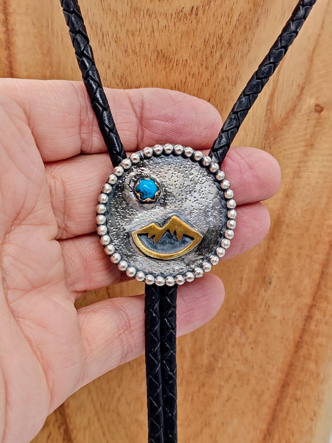 Kingman Turquoise Silver Bolo Tie With Mountains - Sterling Silver Bolo ...
