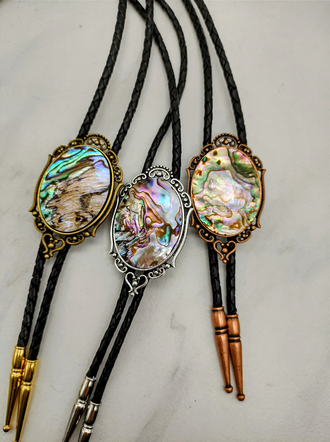 Abalone Bolo Tie - Wedding Bolo Tie - Custom Bolo Tie - Silver, Copper or Gold With Leather or ...