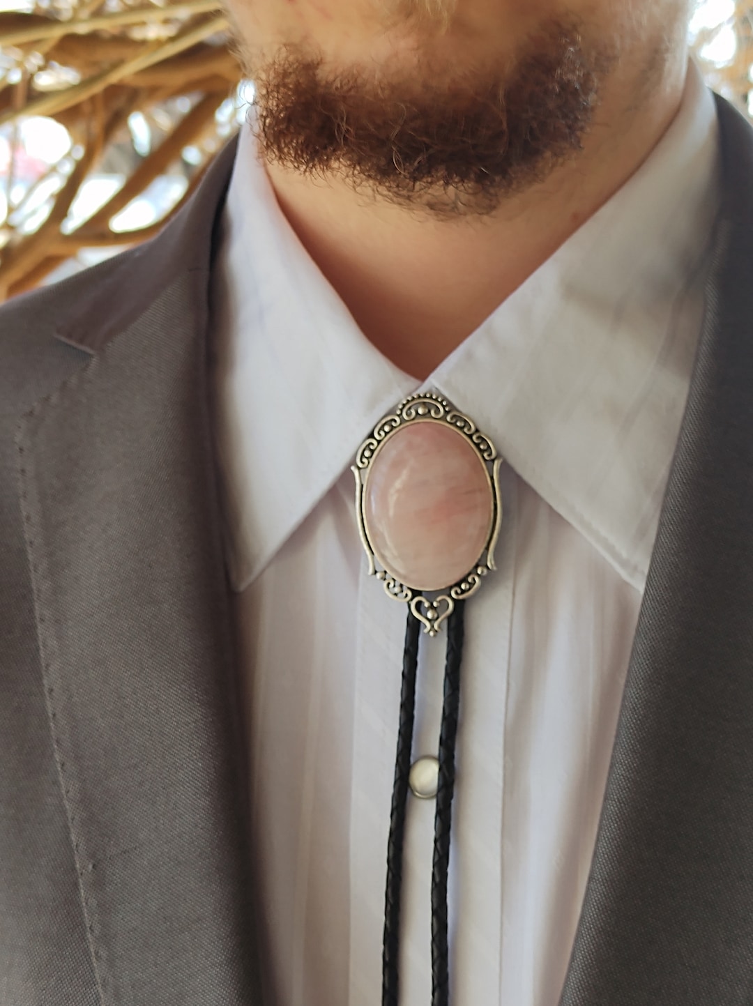 Custom Bolo Tie Rose Quartz Gemstone Wedding Bolo Tie Pink Stone Silver ...