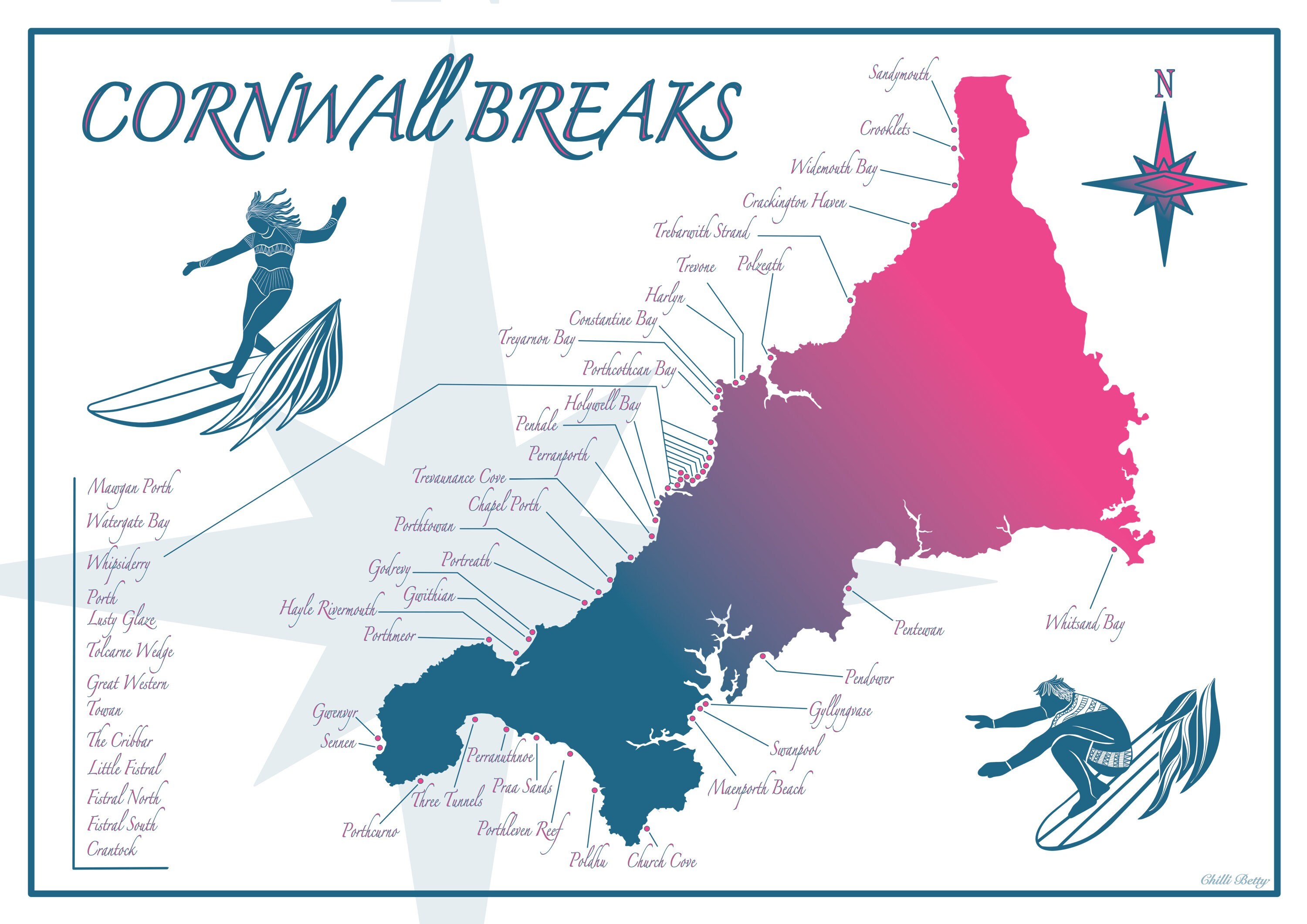 Cornwall Breaks. Surf Map of Cornwall. Cornwall Surf Map. Uk - Etsy UK
