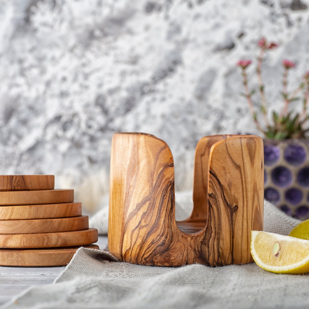 Olive Wood Coasters With Holder, Rustic Drink Coasters, Wooden Coasters ...