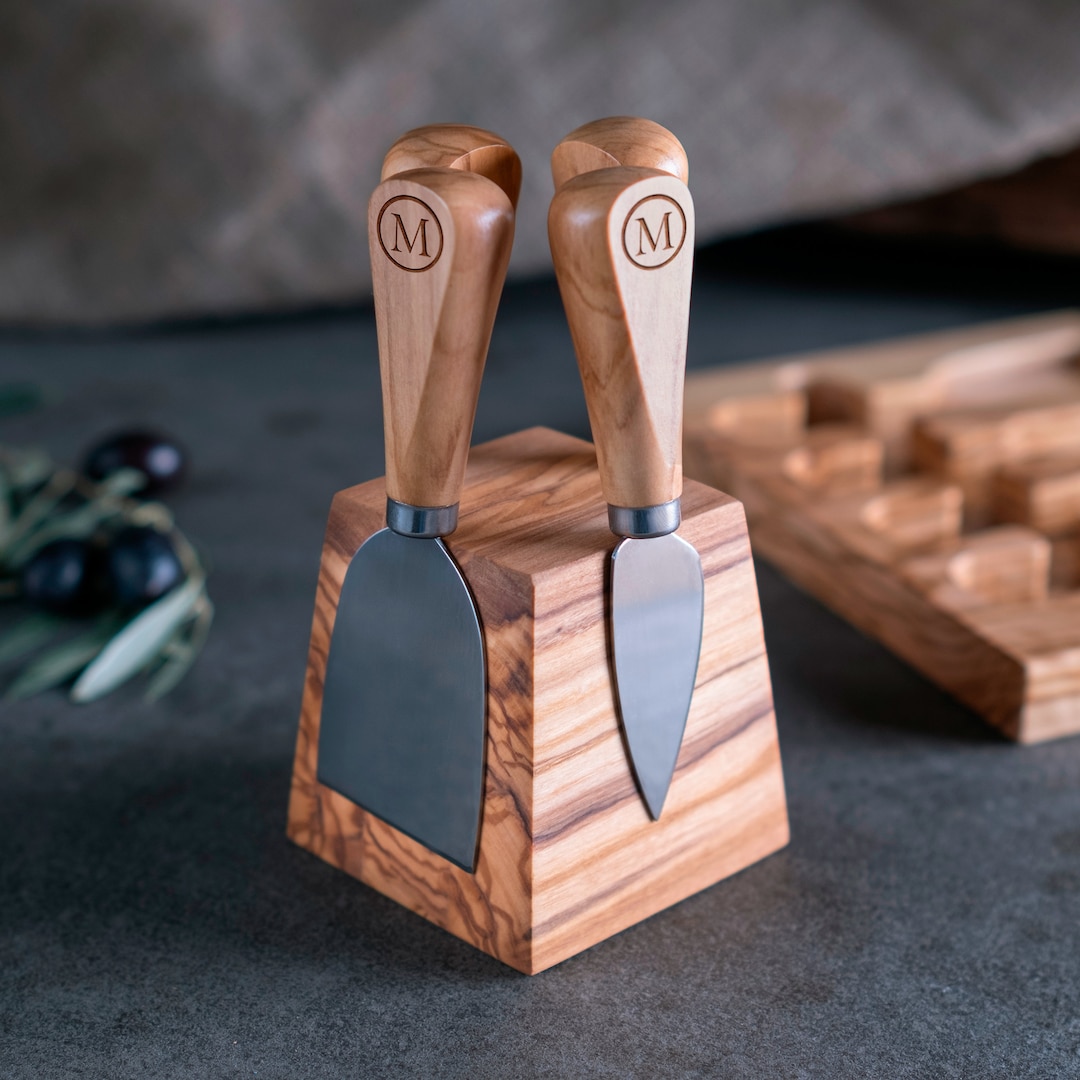 Personalized Cheese Knife Set for Charcuterie 4 Small Cheese Knives and Fork With Olive Wood ...