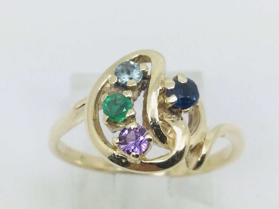 10k oro amarillo corte redondo 4 anillo familiar de piedra - Etsy España