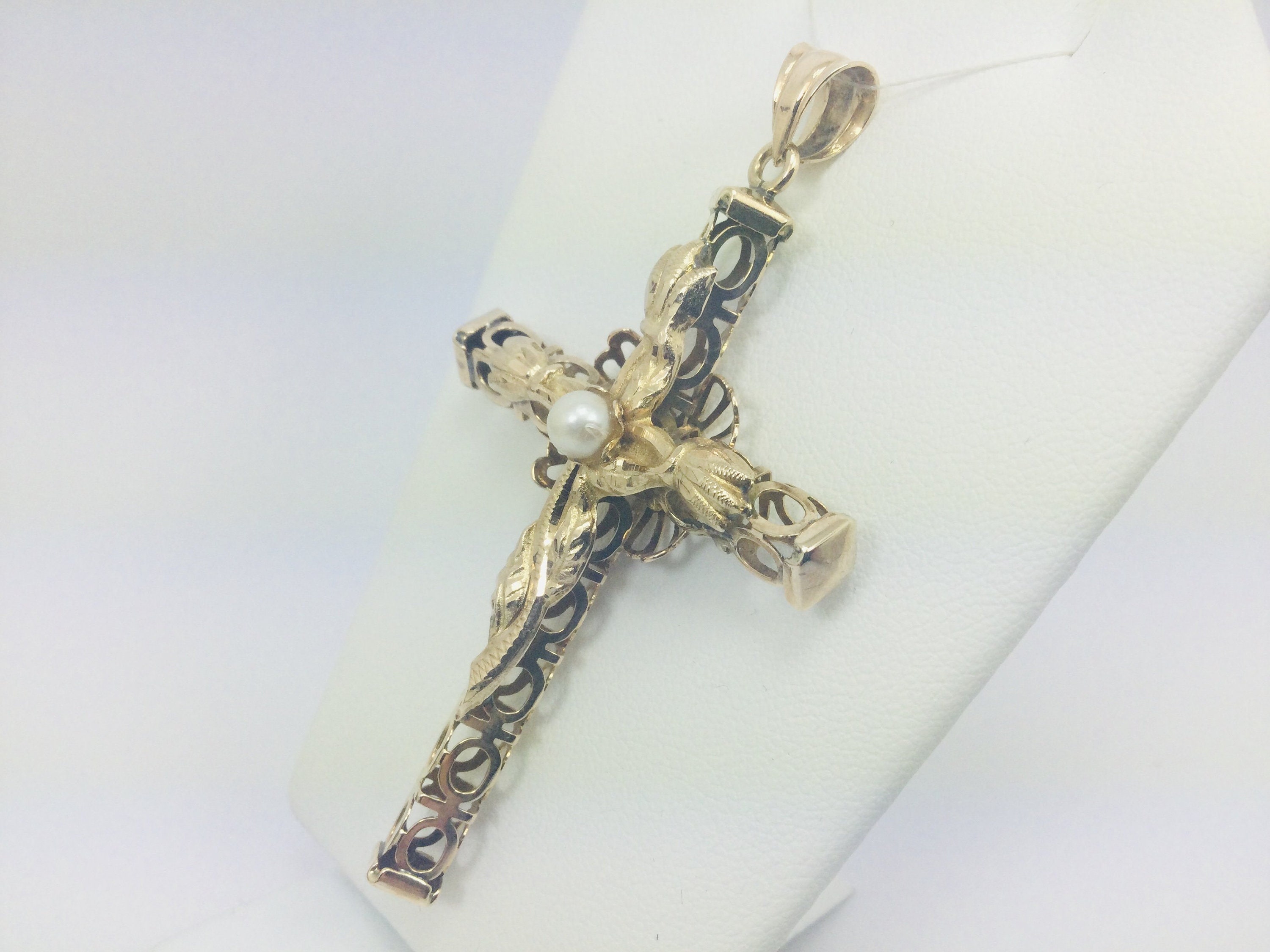 14k Yellow Gold Genuine Pearl June Birthstone Cross Pendent - Etsy