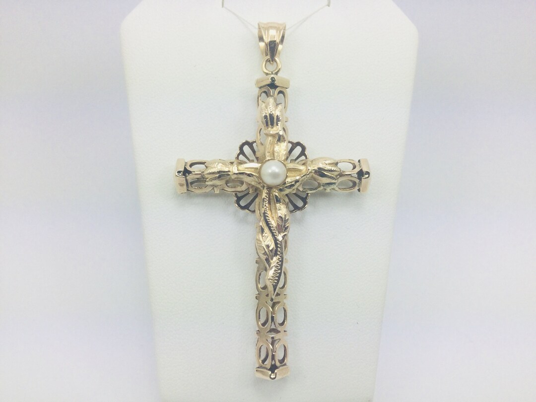 14k Yellow Gold Genuine Pearl June Birthstone Cross Pendent - Etsy