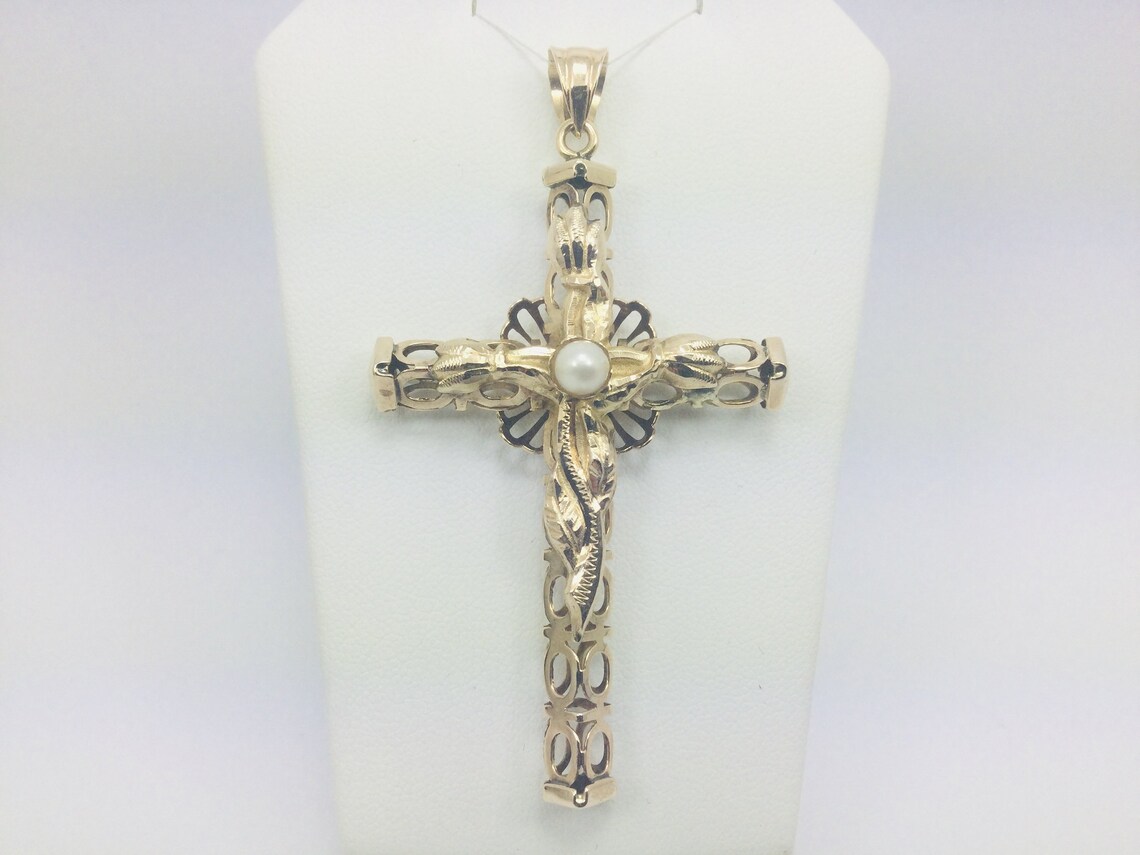 14k Yellow Gold Genuine Pearl June Birthstone Cross Pendent - Etsy
