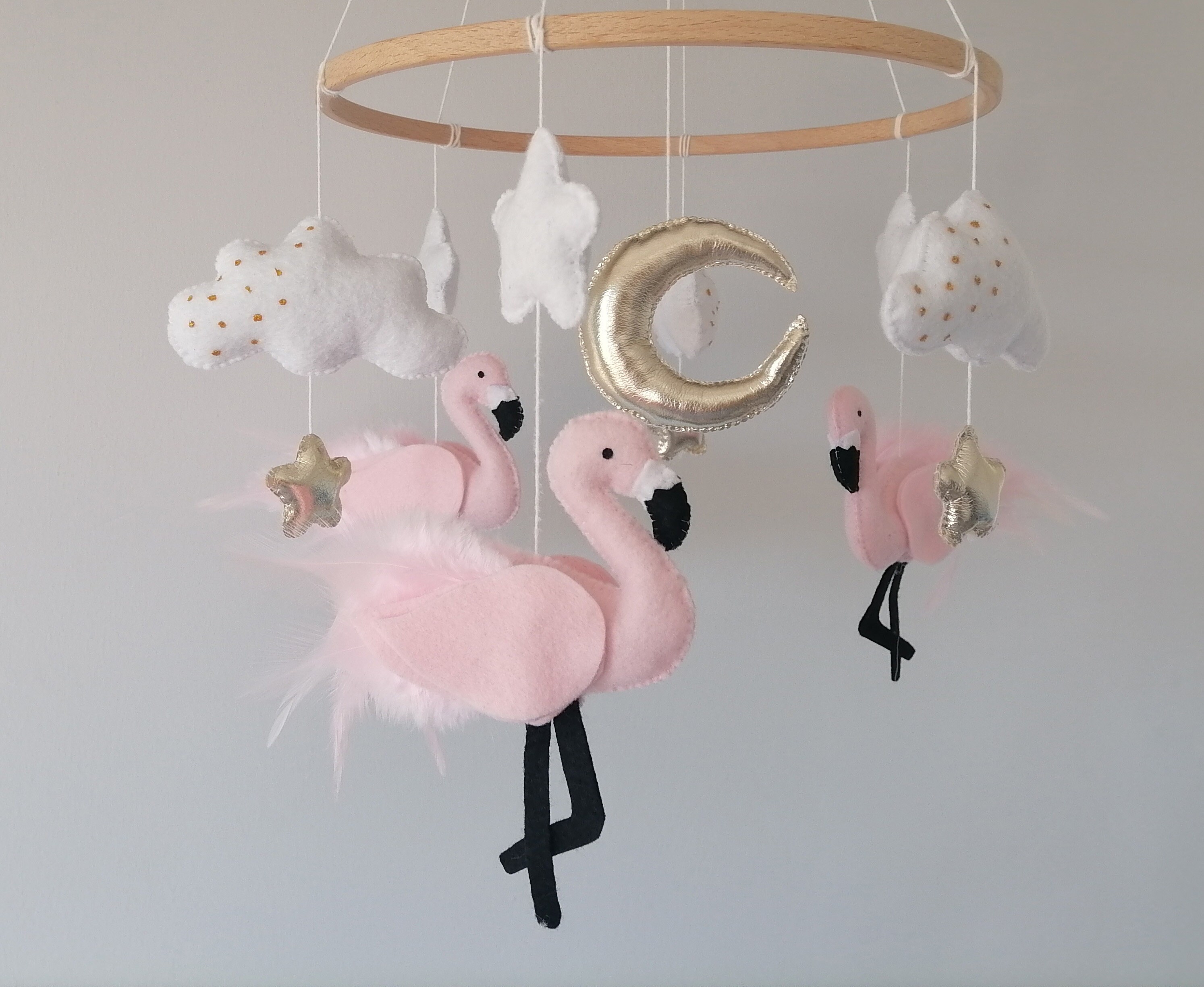 Flamingo Baby Mobile for Girl Nursery,felt Cloud Star Moon White Gold ...