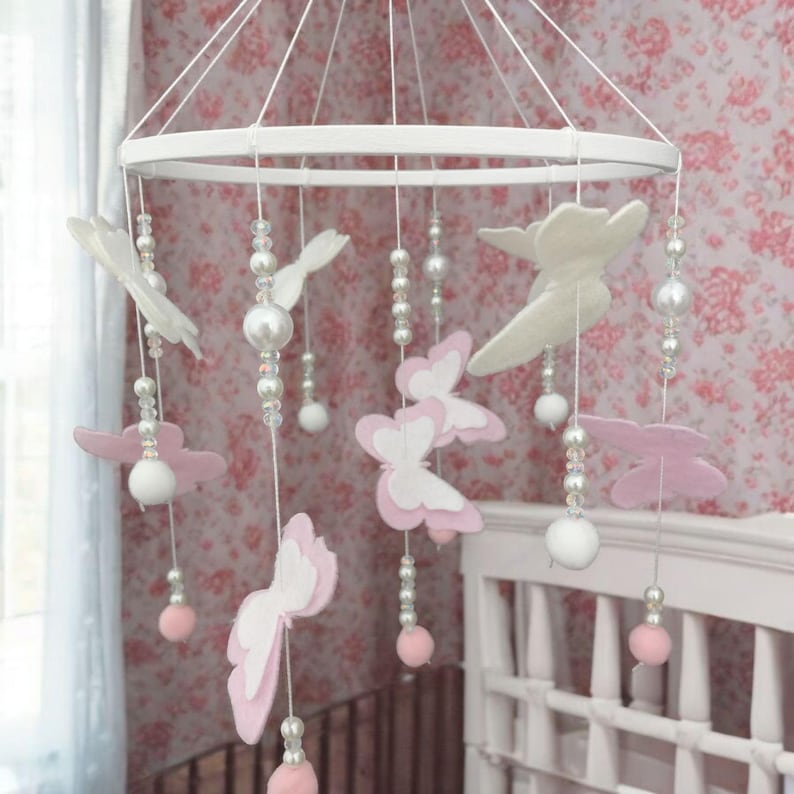 Butterfly Mobile Crib Pink,beads Felt Butterfly Cot Mobile,butterfly ...