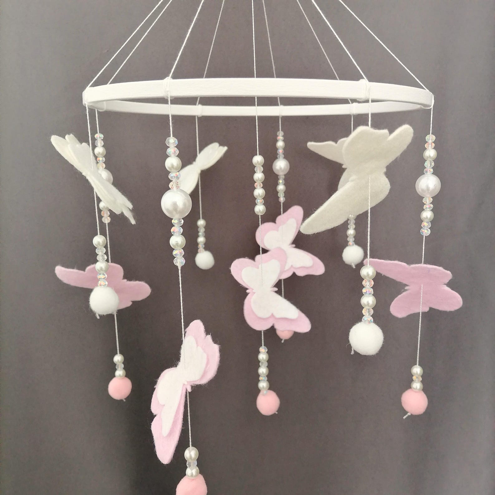 Butterfly Mobile Crib Pink,beads Felt Butterfly Cot Mobile,butterfly ...