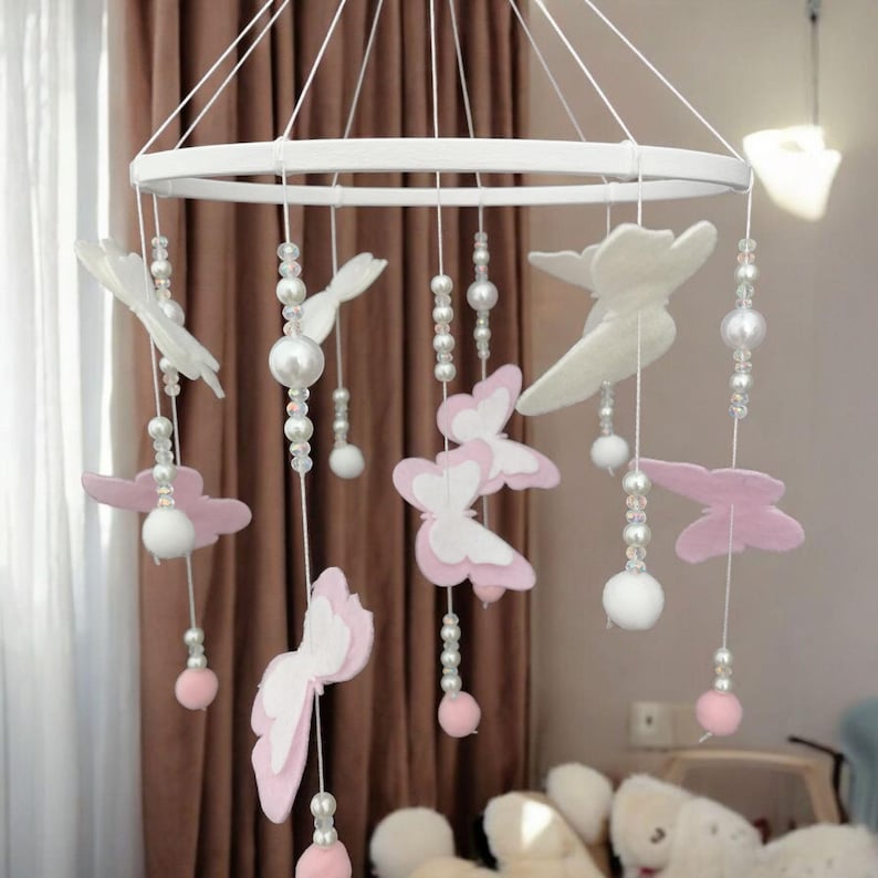 Butterfly Mobile Crib Pink,beads Felt Butterfly Cot Mobile,butterfly ...