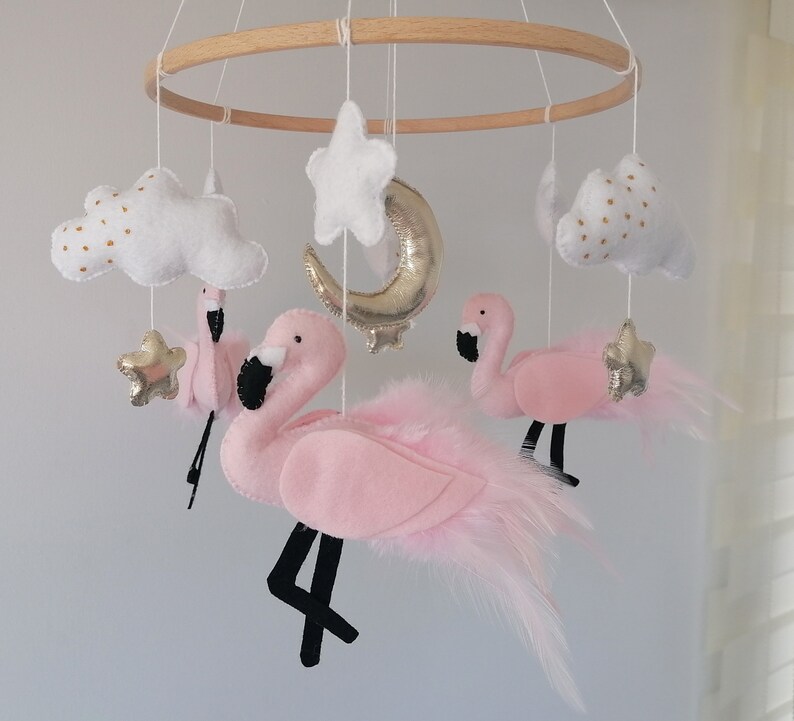 Flamingo Baby Mobile for Girl Nursery,felt Cloud Star Moon White Gold ...
