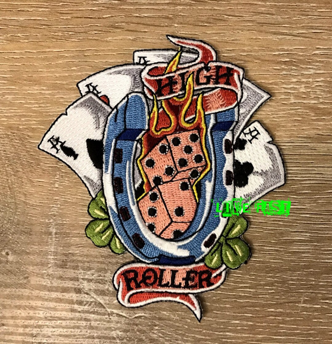 HIGH ROLLER PATCH Aces Lucky 7 Dice Horse Shoe Poker Gambler Gambling ...