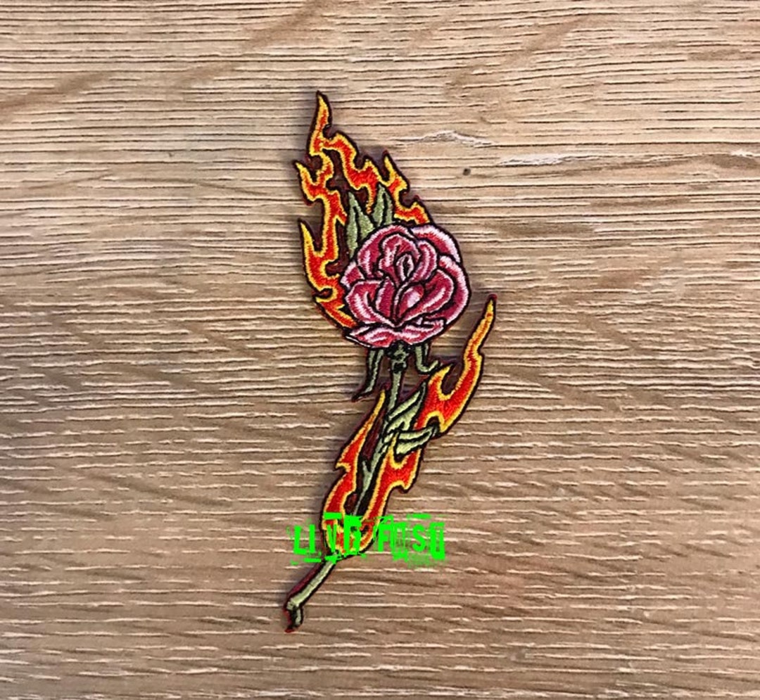 FLAMING ROSES PATCH Retro Tattoo Art Embroidered Iron On - Etsy