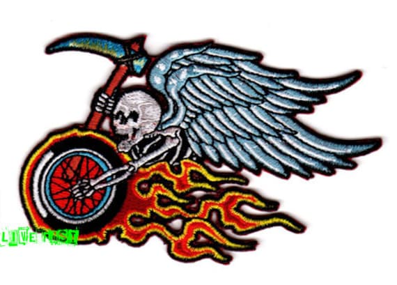 Biker Patch Skull Flames Motorcycle Wheel Patch Embroidered - Etsy