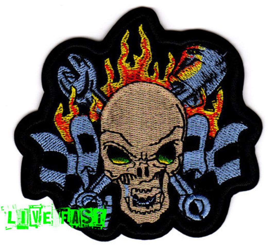 SKULL RACING FLAGS Patch Hot Rod Hot Rodder Mechanic Biker Psychobilly ...