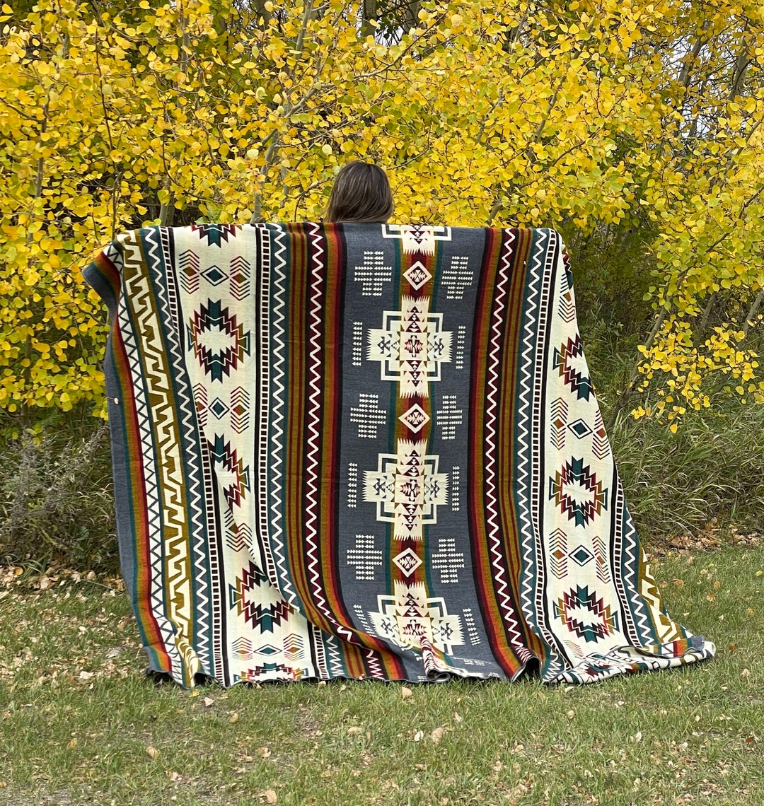 Rustic Geometric Print Two Sided Alpaca Blanket | Cozy and Soft Tribal ...