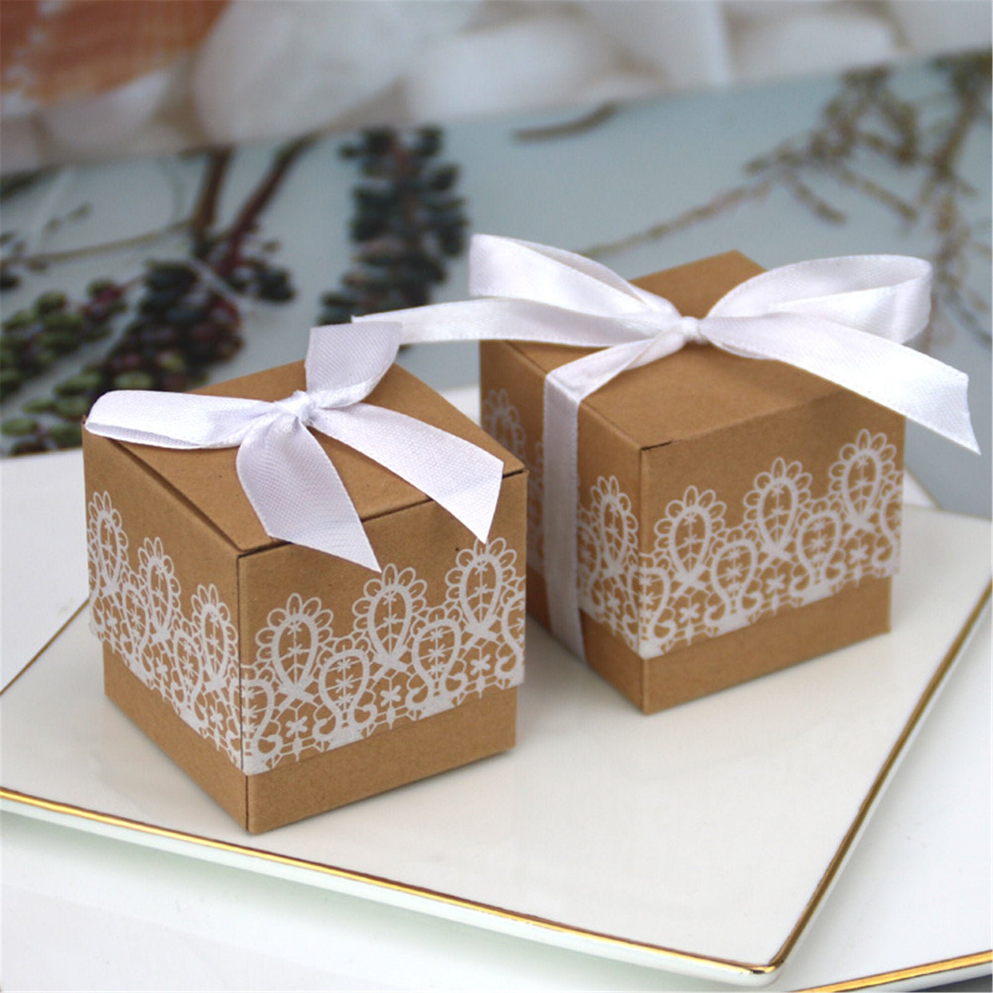 Rustic Kraft Wedding Favor Boxes With White Lace-creative - Etsy