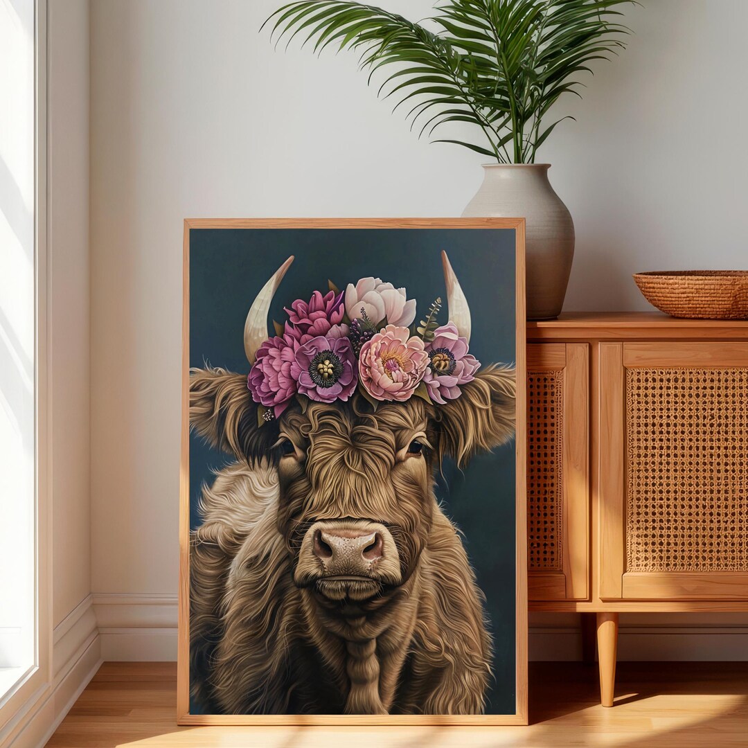 Moody Floral Highland Cow Cattle Printable Wall Art ,rustic Home Deco ...