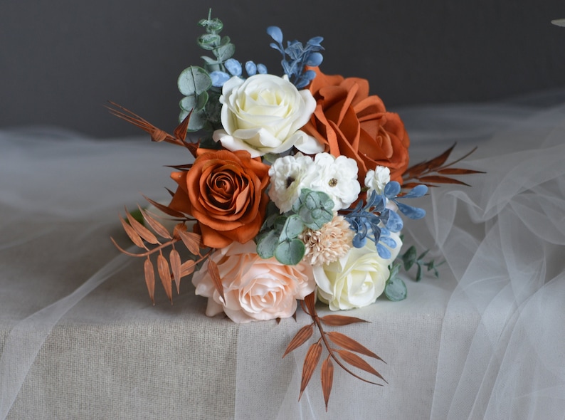 Faux Dusty Blue and Burnt Orange White Wedding Bouquets Real - Etsy